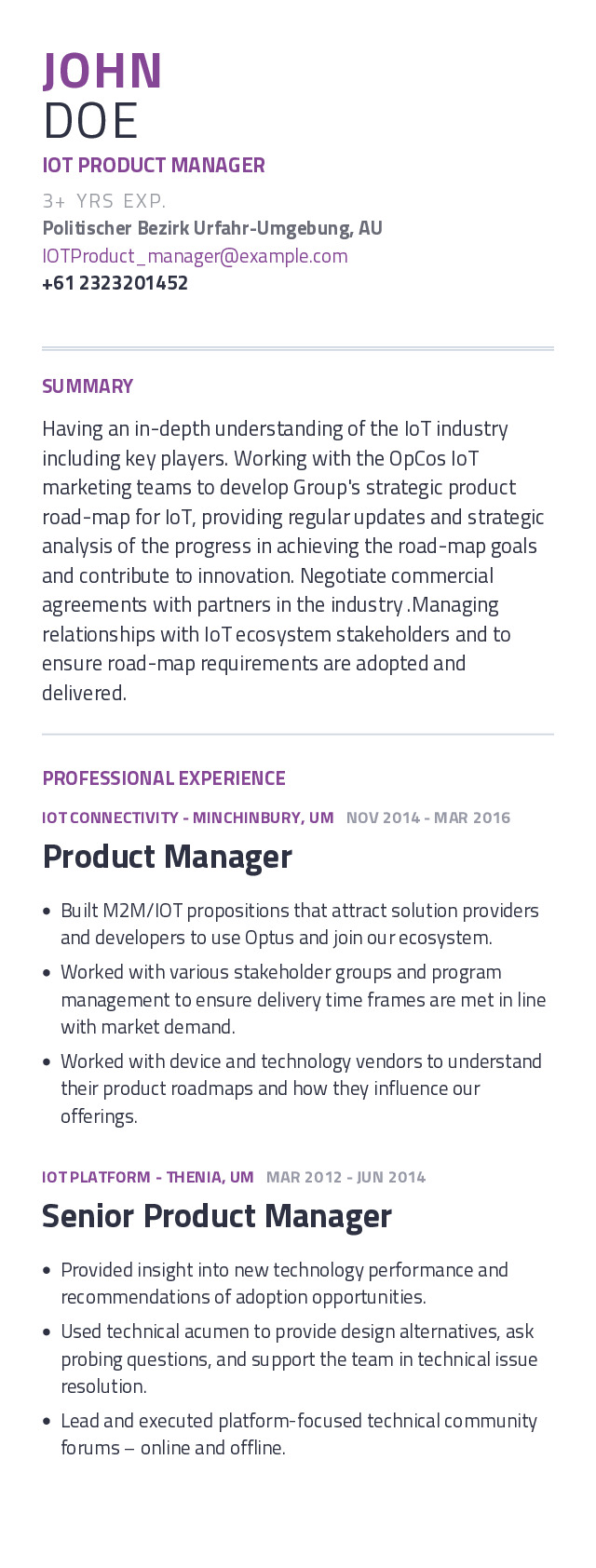 IOT Product Manager Resume Example With Content Sample | CraftmyCV IOT Product Manager Resume Example With Content Sample | CraftmyCV
