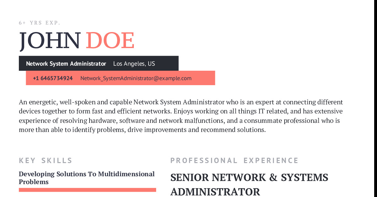 Network System Administrator Resume With Content Sample | CraftmyCV Network System Administrator Resume With Content Sample | CraftmyCV